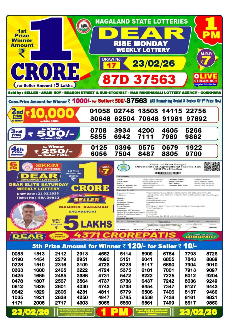Dear Lottery Result Yesterday 8 PM 6 PM 1 PM | Lottery Sambad