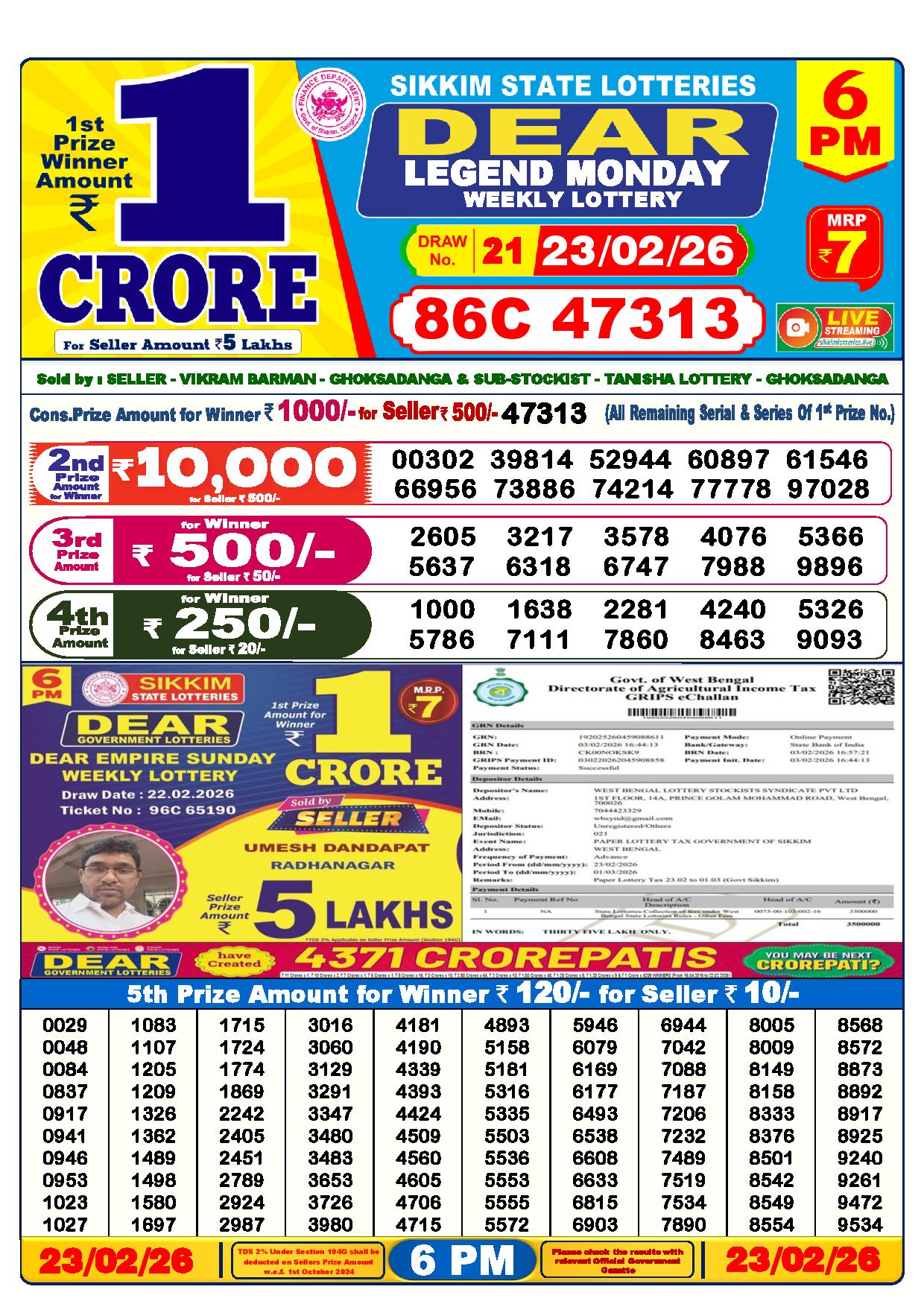 Dear Lottery Result Yesterday 8 PM 6 PM 1 PM | Lottery Sambad