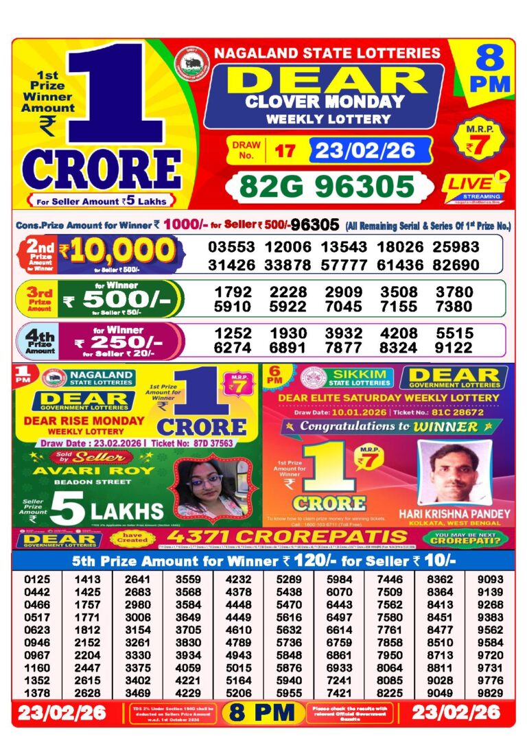 Dear Lottery Result Yesterday 8 PM 6 PM 1 PM | Lottery Sambad