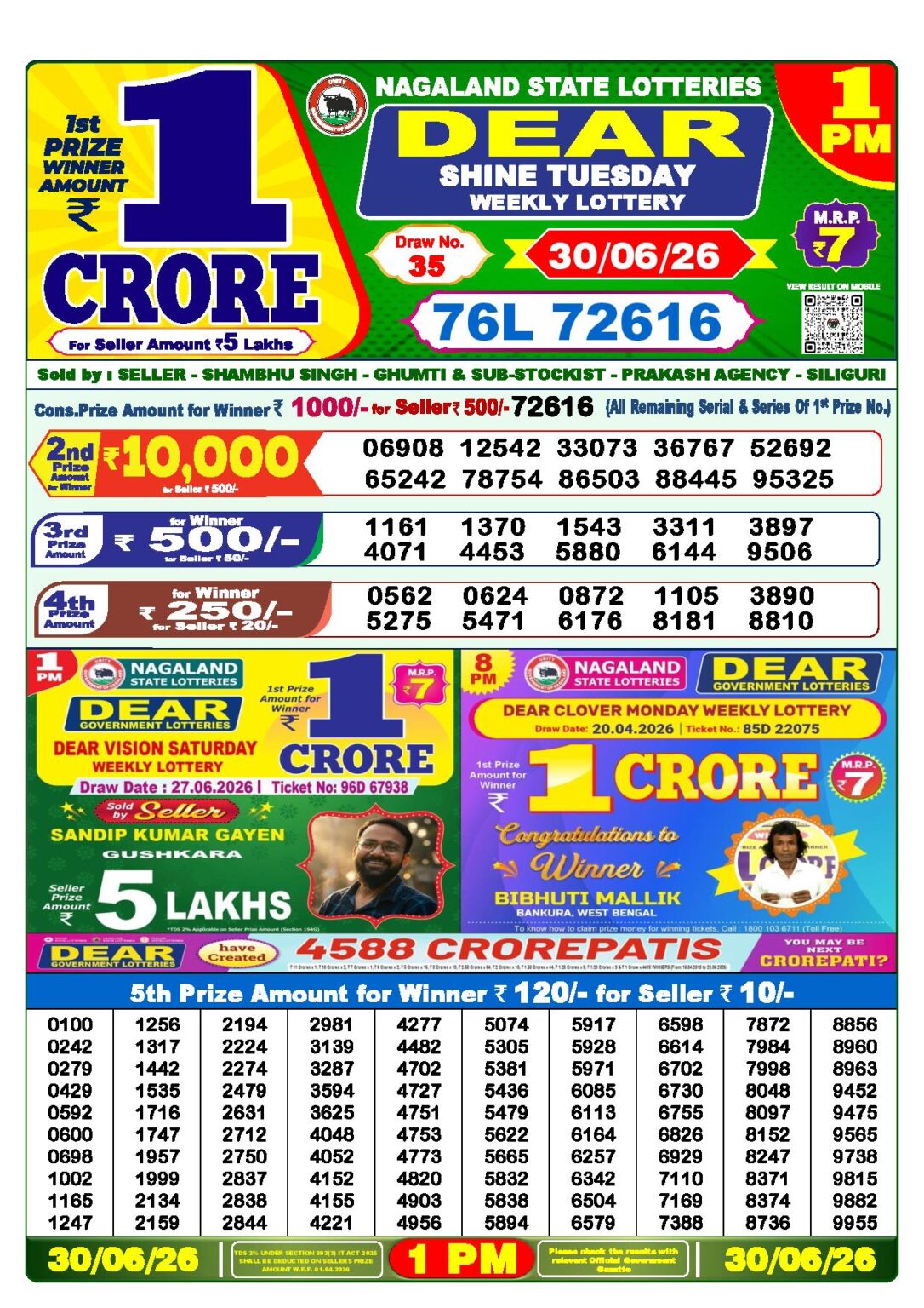 Dear Lottery Result Today(1-7-2026) | 1 PM 6 PM 8 PM
