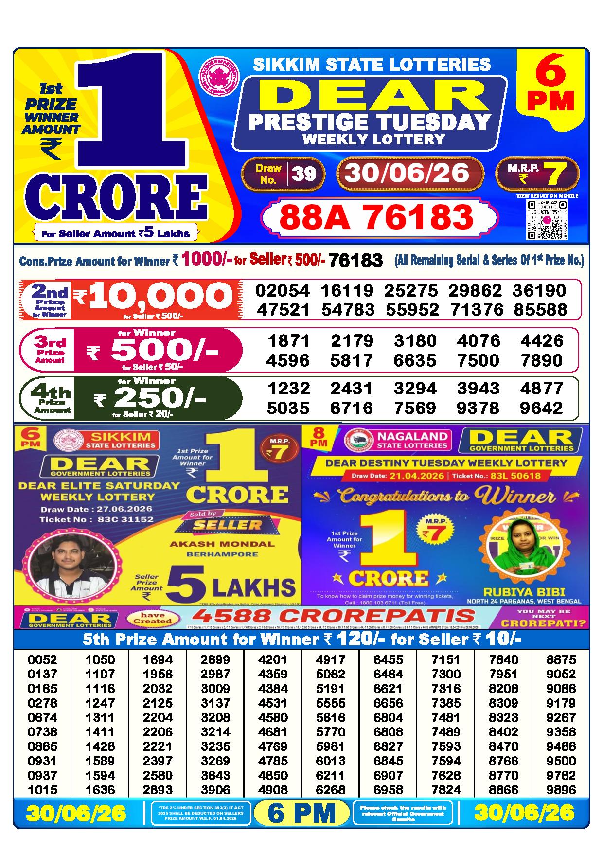 Dear Lottery Result Today(1-7-2026) | 1 PM 6 PM 8 PM